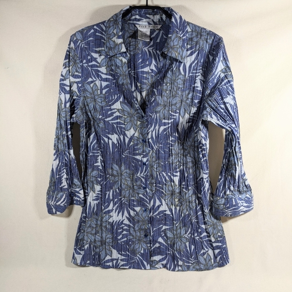 Fred David | Tops | Coastal Grandma L Crinkle Pleated Button Top Blue ...